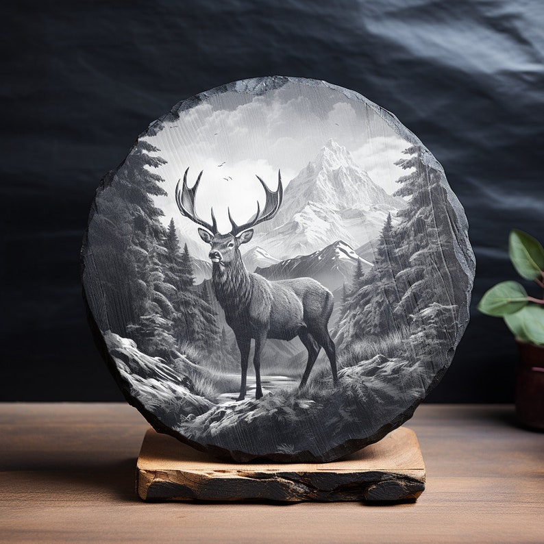 Buck Deer Elk Trees Mountain Forest Laser Engraving File Slate PNG ...