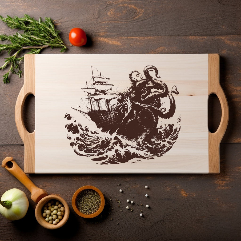 Kraken Octopus Squid Laser PNG File Engrave Wood Board Tray Charcuterie ...