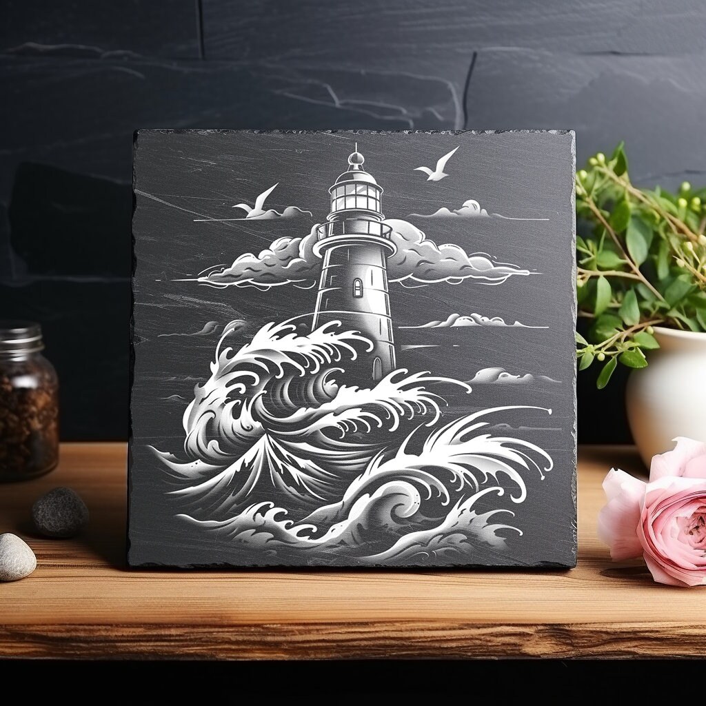 Lighthouse Watchtower Sea Waves Slate Engraving File Laser Engraved PNG ...