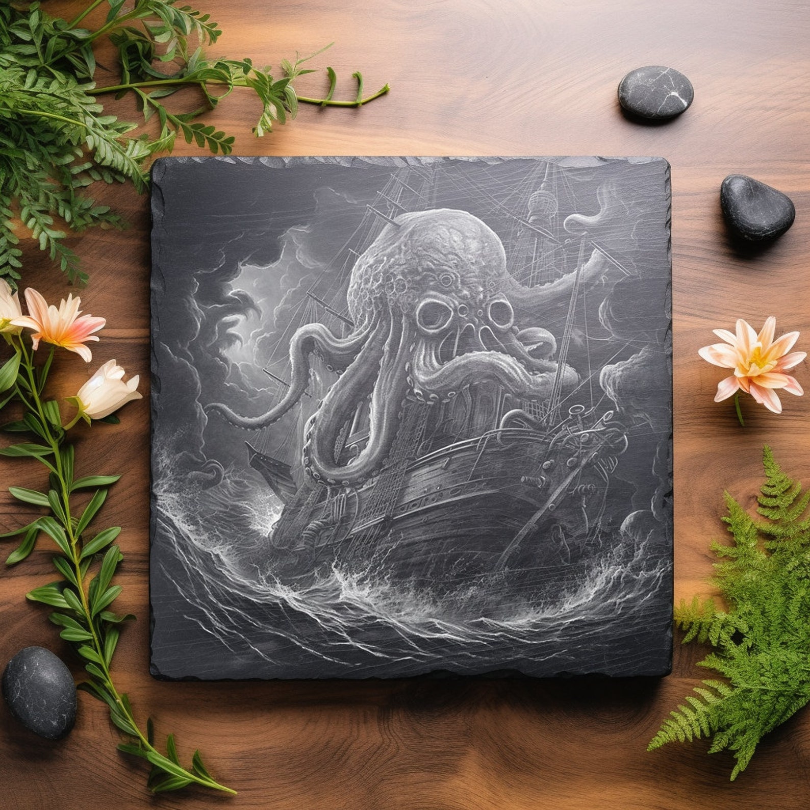Giant Octopus Sea Monster Squid Laser PNG File Slate Engraving Coaster ...