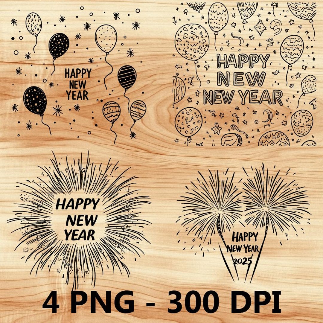 Happy New Year Balloons Fireworks Laser File Wood Engraving PNG Slate ...