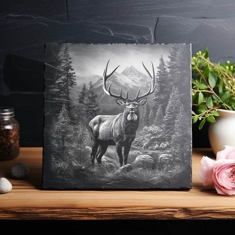 Buck Deer Elk Trees Mountain Forest Laser Engraving File Slate PNG ...