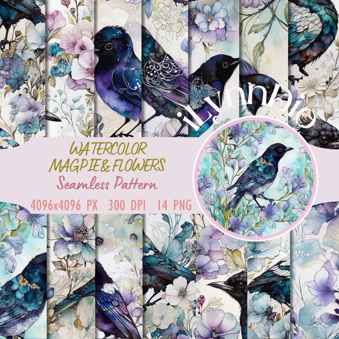 WATERCOLOR MAGPIE&FLOWERS Digital Paper, Bird Pattern Digital Print ...