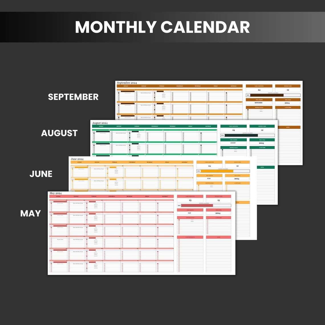 Monthly Calendar, Monthly Planner Template, Automated Spreadsheet ...