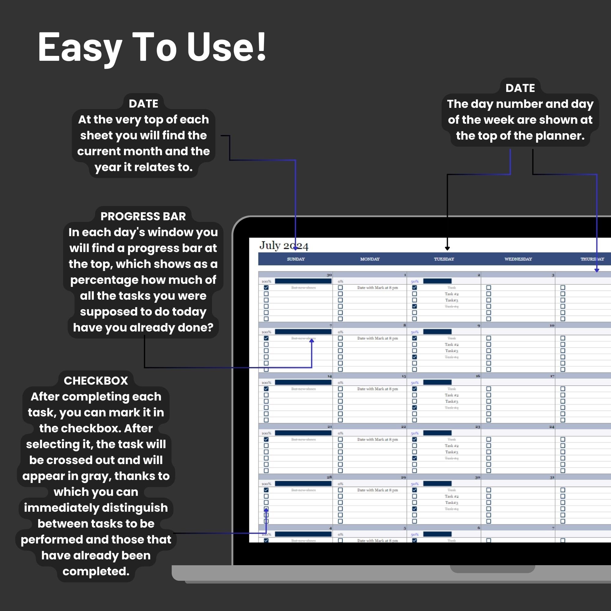 Monthly Calendar, Monthly Planner Template, Automated Spreadsheet ...