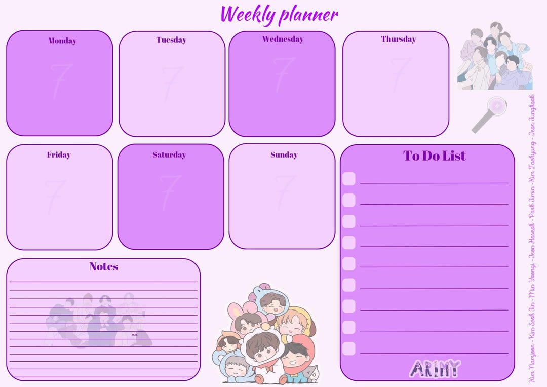 BTS BT21 Weekly Planner, Rm Planner, Jin Planner, Suga Planner, Jhope ...