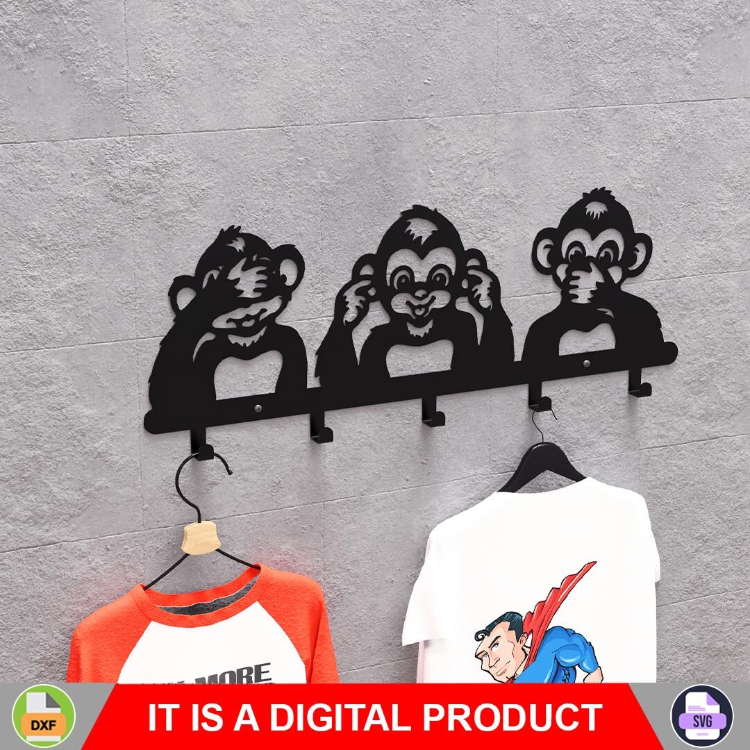 Three Wise Monkeys Wall Coat Rack, Digital Product, Files DXF, SVG for ...
