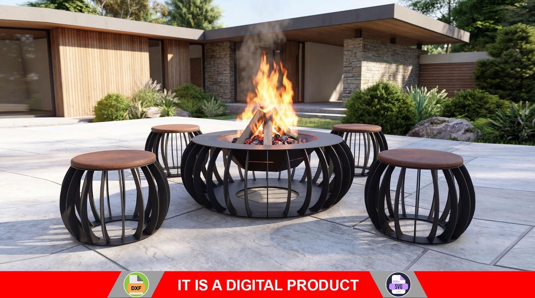 Round Fire Pit With Stools. Digital Product, Files DXF, SVG for CNC ...