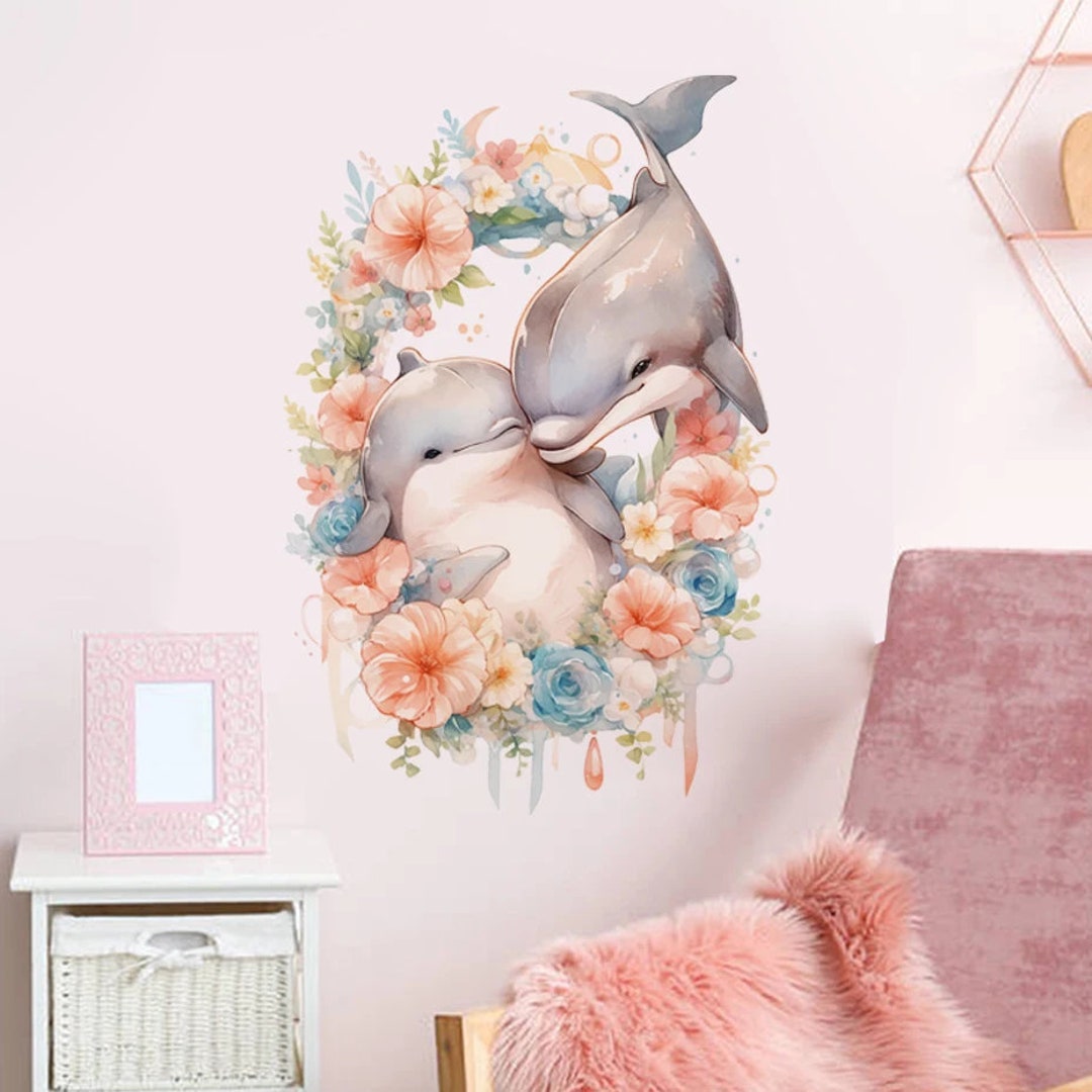 Watercolor Cartoon Flowers Dolphins Wall Sticker Door Home Decor Living ...