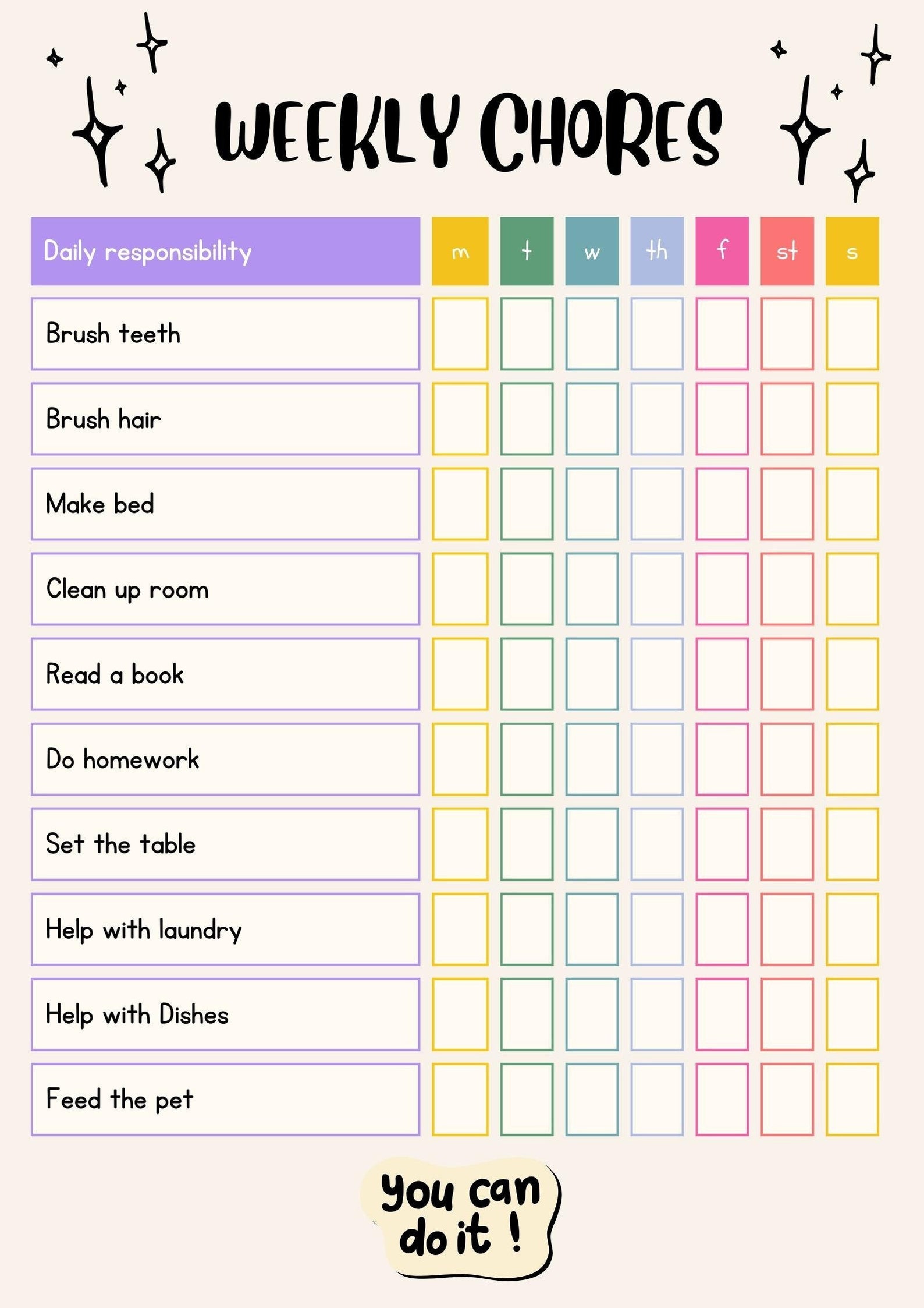 Kids Weekly Chores List Print - Etsy