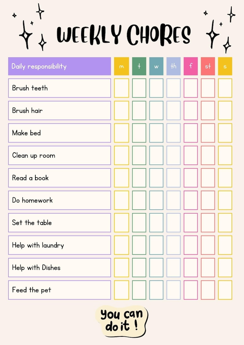 Kids Weekly Chores List Print - Etsy