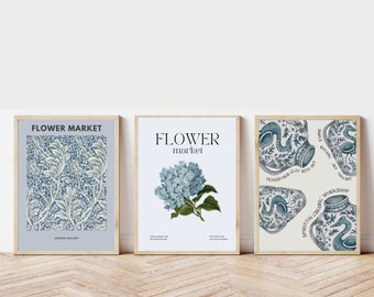 Blue Flower Market Set of 3 Prints, Blue Wall Decor, Flower Market ...