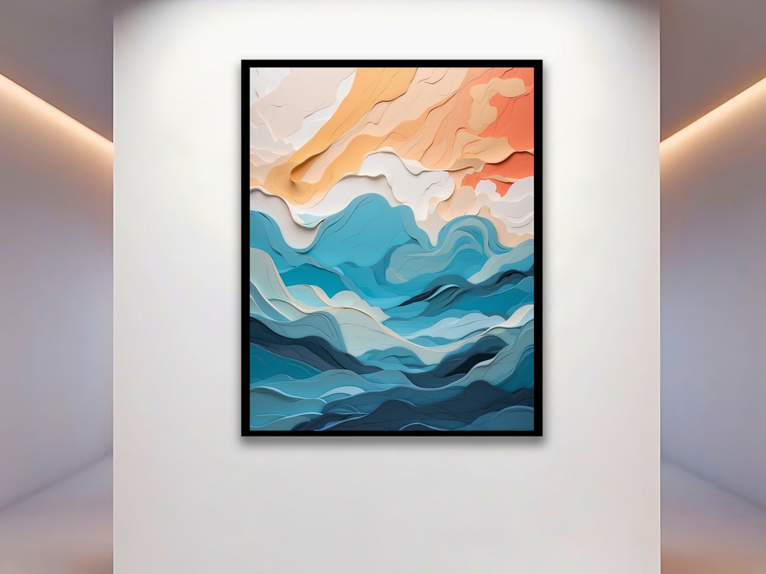 3D Geometric Layered Paper Artwork Ocean Waves and Sunset Hues Abstract ...