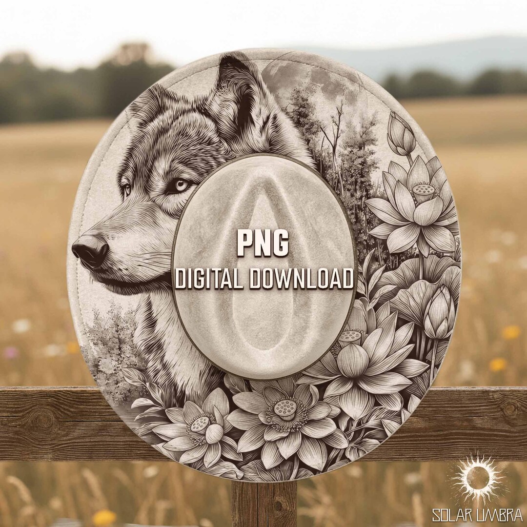 Wolf and Lotus Hat Burning Design, Cowboy Hat Laser Engraving Template ...