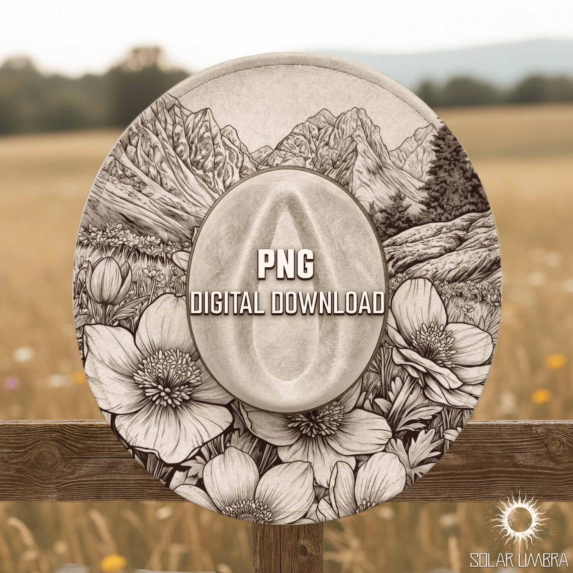 Wildflowers and Mountains Wide Brim Hat Design, Hat Burning Template ...