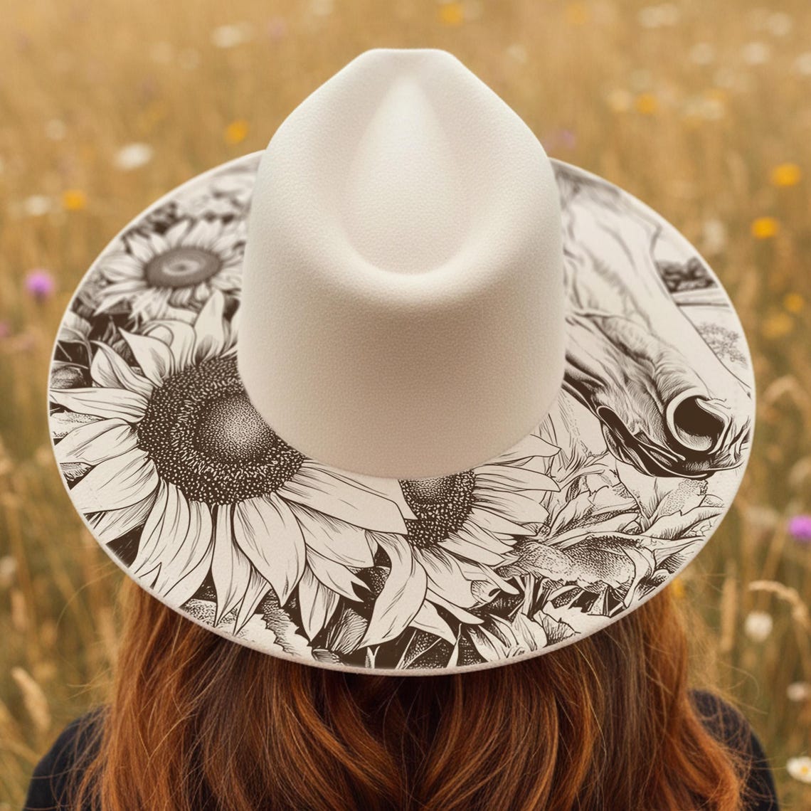 Horse & Sunflowers Hat Design, Rustic Brim PNG Template, Wide Brim ...
