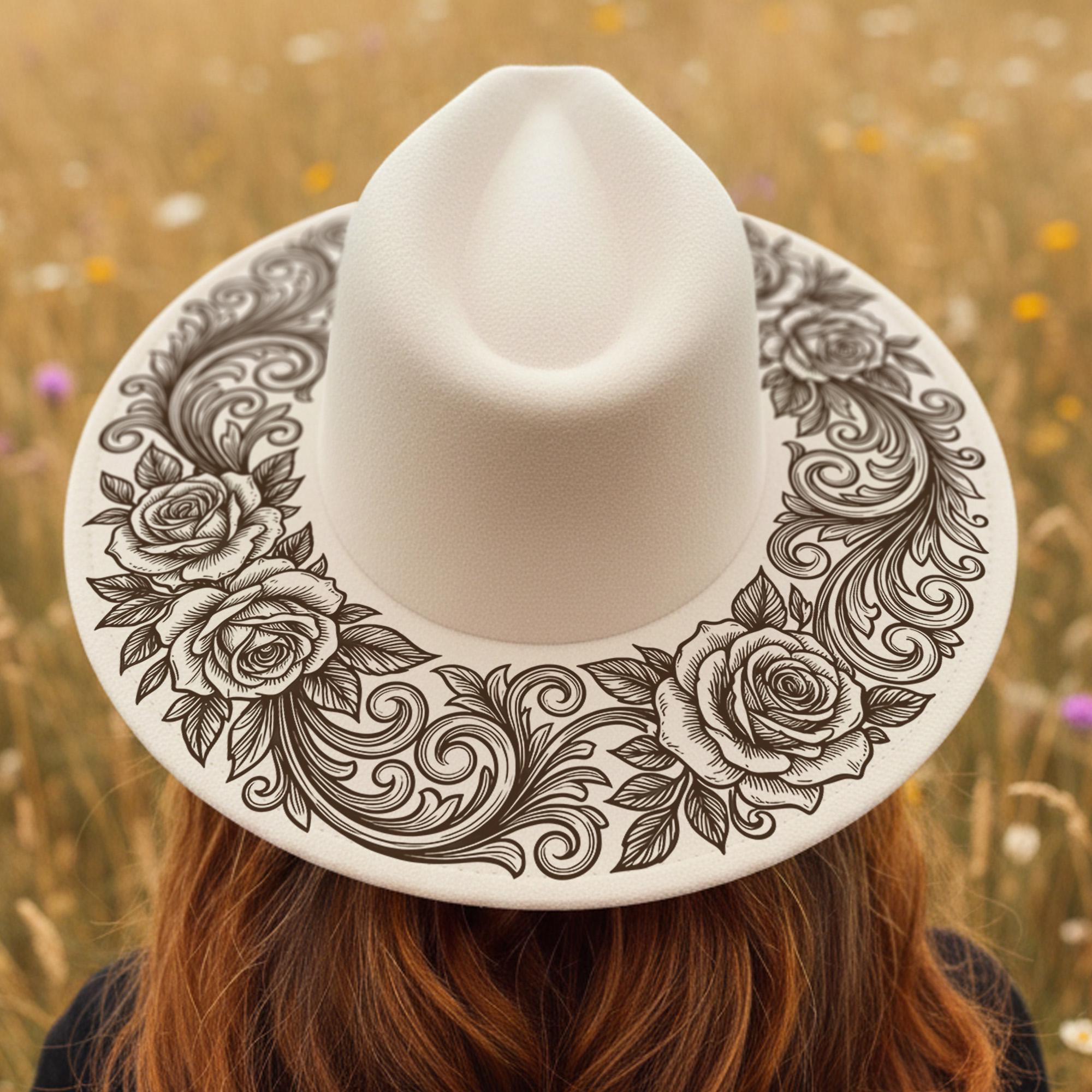 Rose Wreath Hat Burning Design, Filigree Hat Laser Engraving Template ...