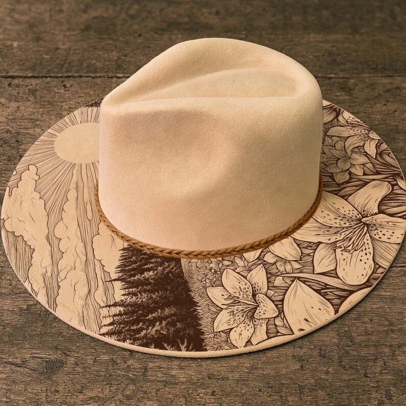 Lilies and Sun Hat Burning Design, Wide Brim Western Fedora Hat Burning ...