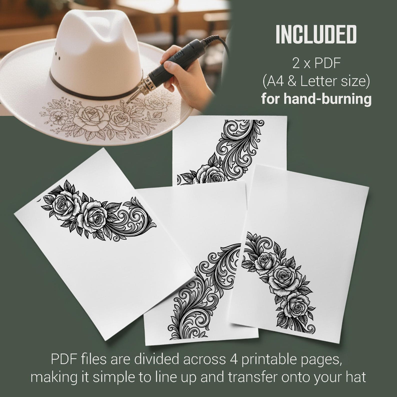 Rose Wreath Hat Burning Design, Filigree Hat Laser Engraving Template ...