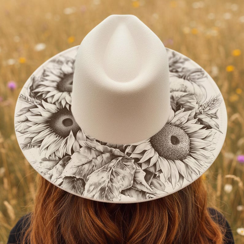 Sunflower With Pumpkin Hat Burning Design: Wide Brim Pyrography Pattern ...