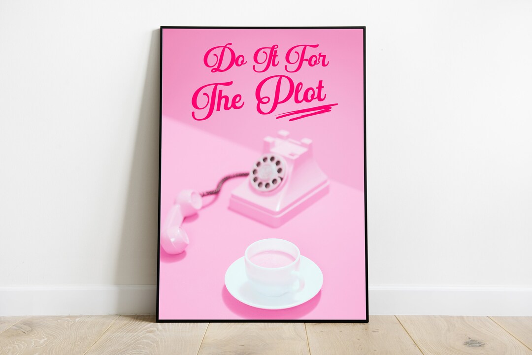 Do It for the Plot, Retro Telephone and Teacup Digital Wall Art, Pink ...