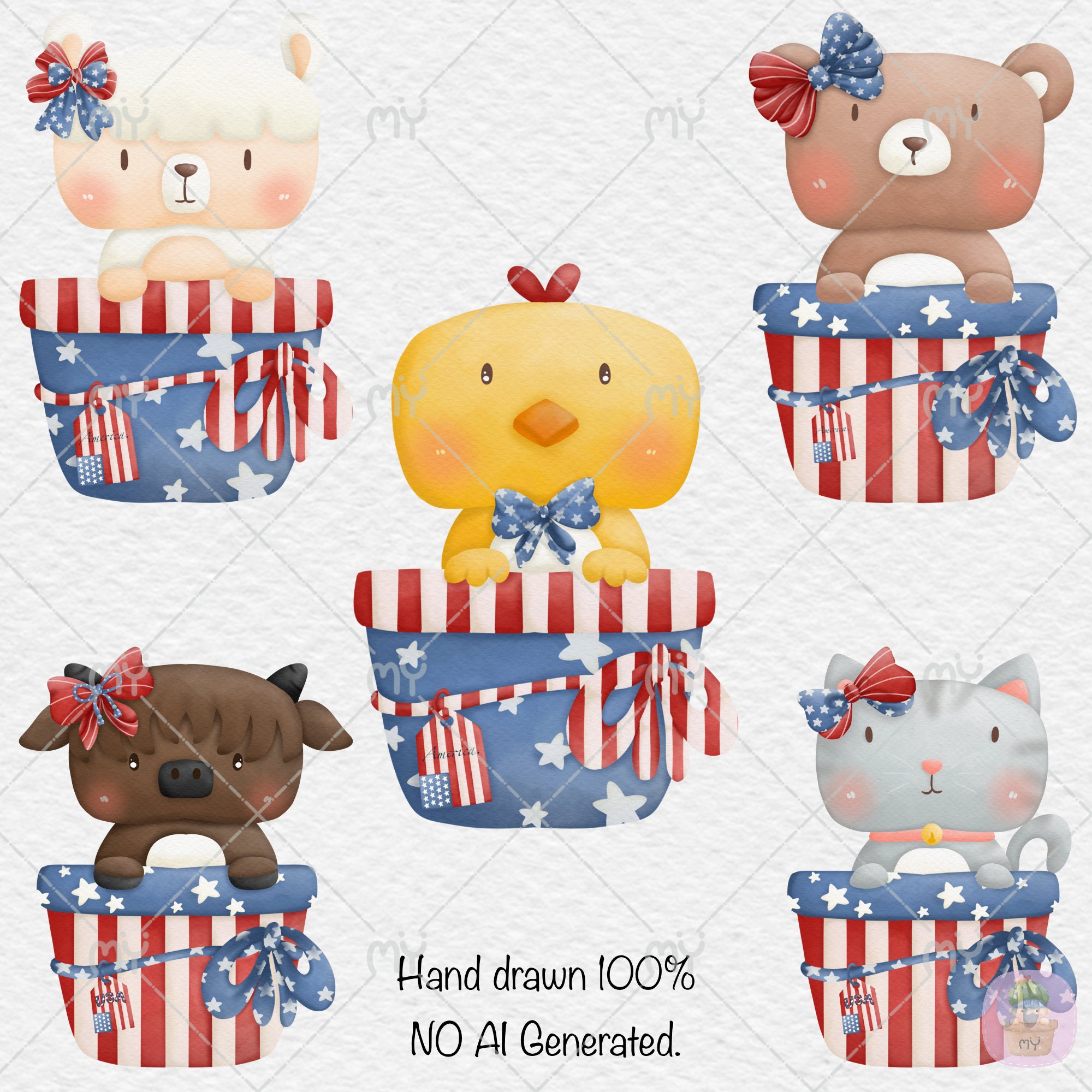 Animals and Ribbons Independence Day Watercolor Clip Art PNG - Etsy