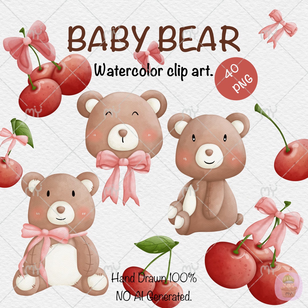 Teddy Bear, Ribbon and Cherry Watercolor Elements PNG - Etsy