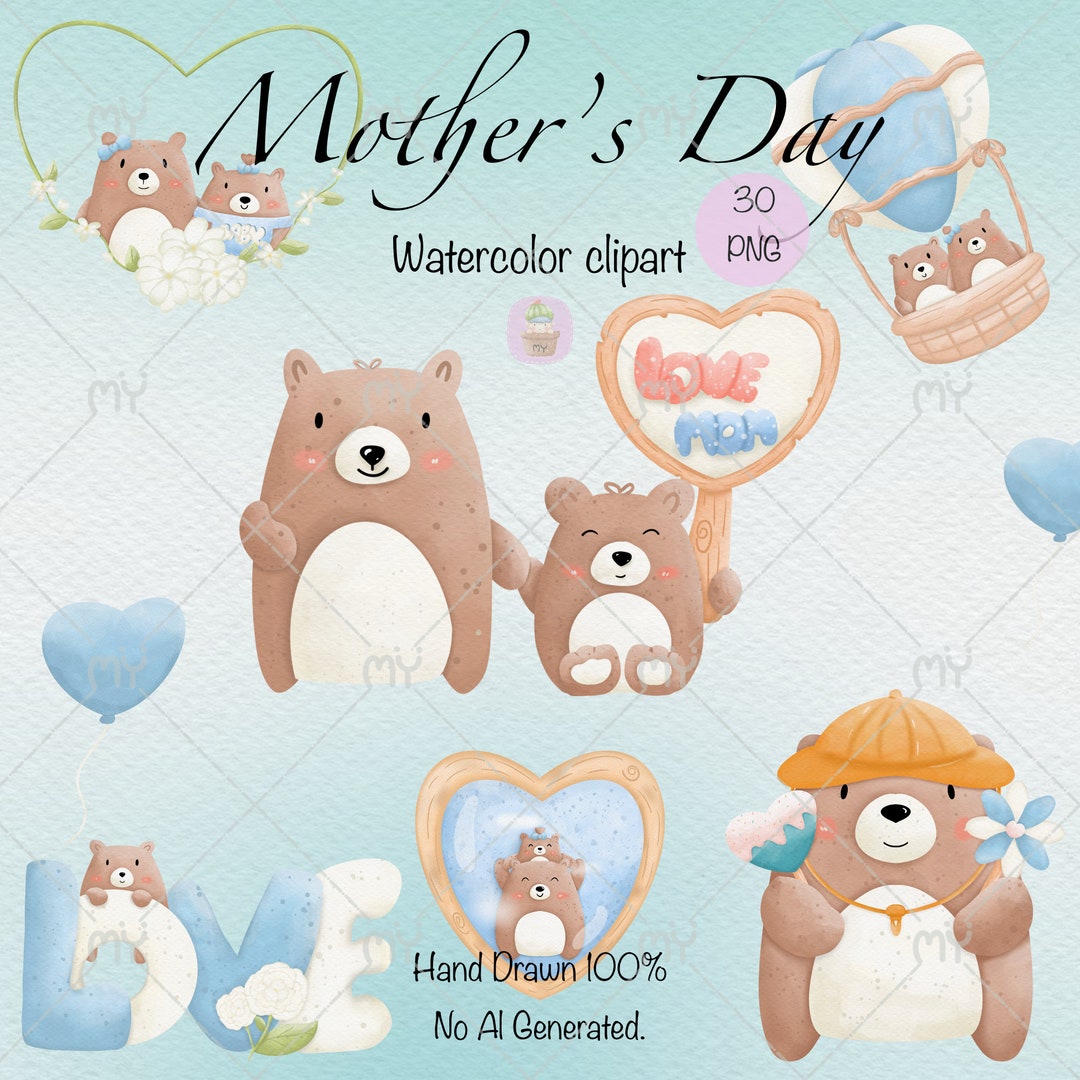 Nurturing Love: Bear and Cub on Mother's Day PNG Watercolor Elements - Etsy