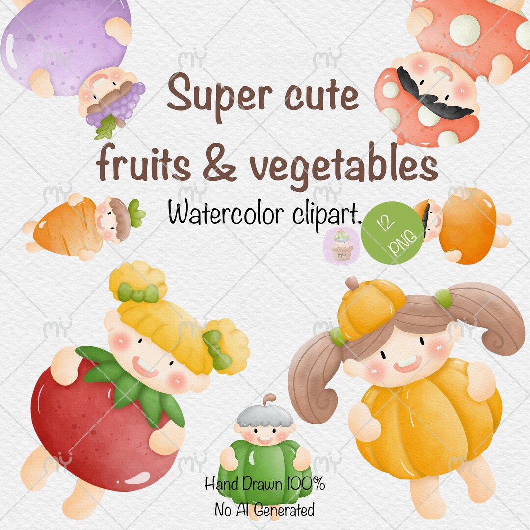 Super Cute Fruits and Vegetables Watercolor Elements PNG - Etsy