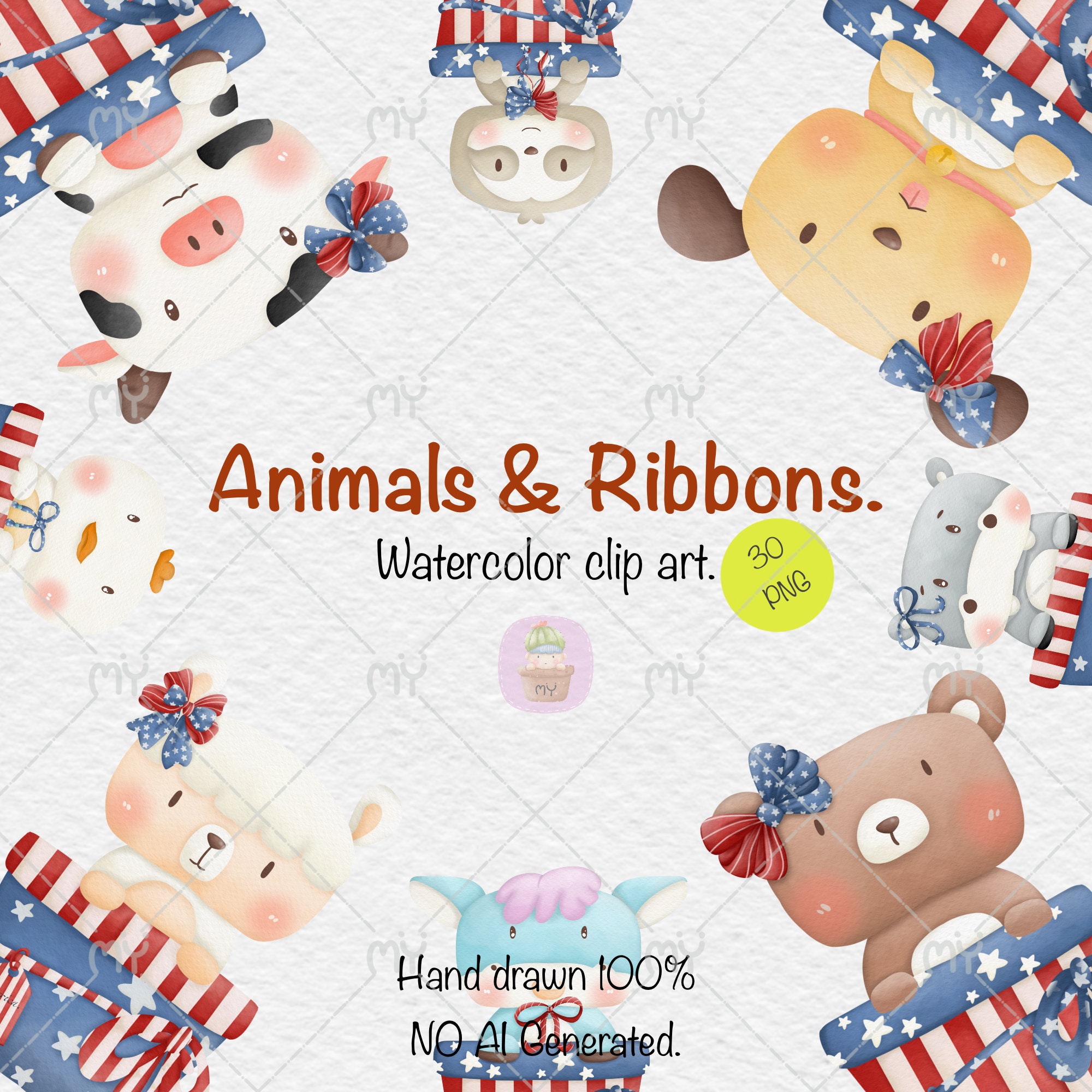 Animals and Ribbons Independence Day Watercolor Clip Art PNG - Etsy