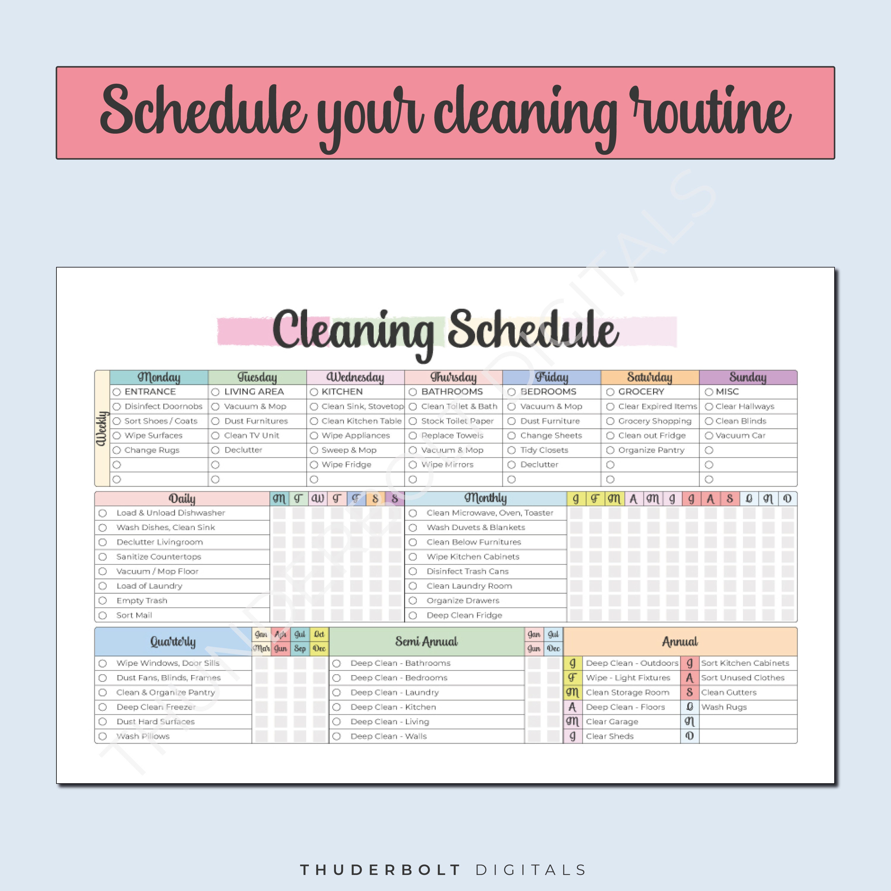 Editable Cleaning Schedule Printable Weekly, Monthly, Yearly Cleaning ...
