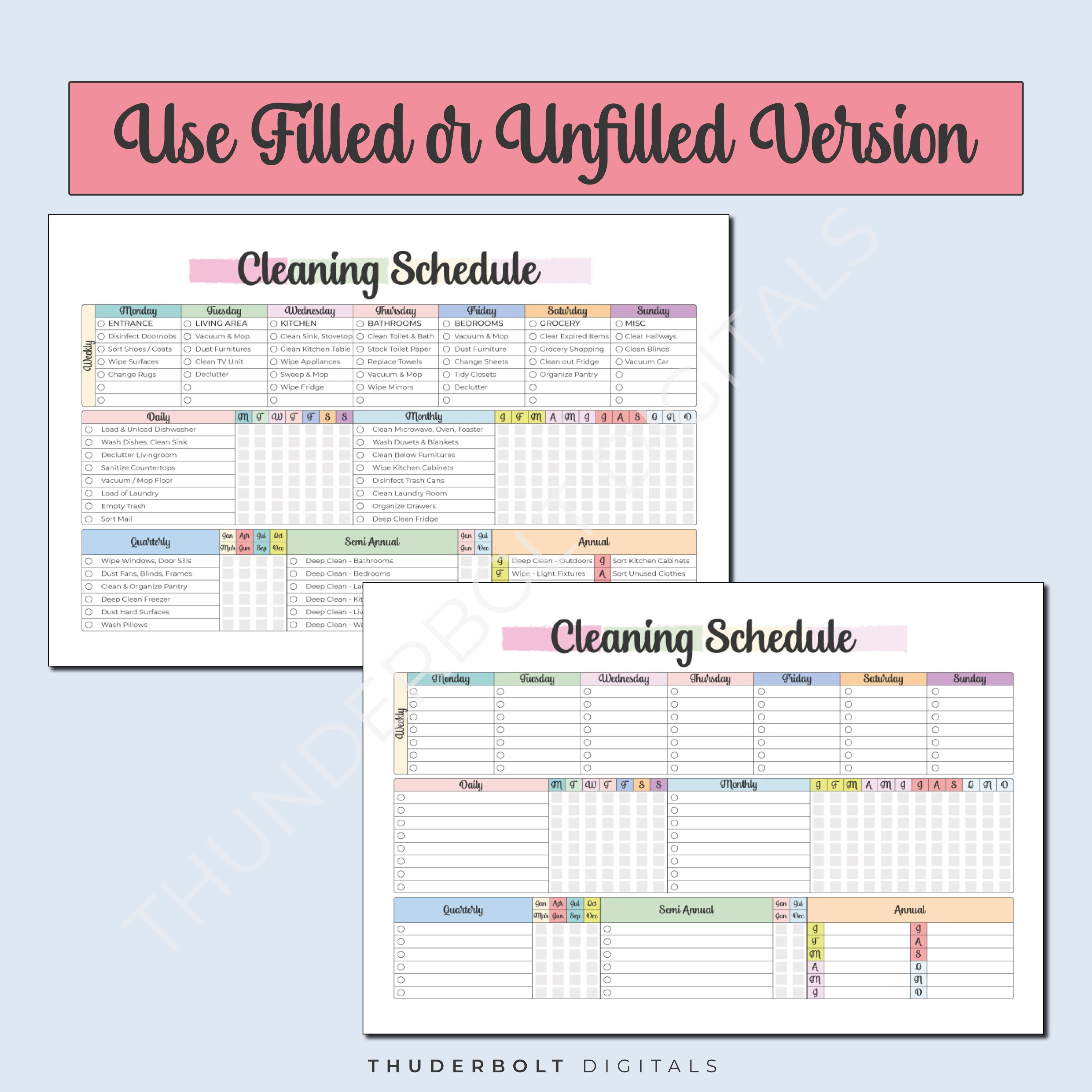 Editable Cleaning Schedule Printable Weekly, Monthly, Yearly Cleaning ...
