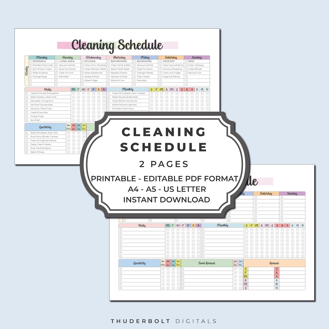 Editable Cleaning Schedule Printable Weekly, Monthly, Yearly Cleaning ...