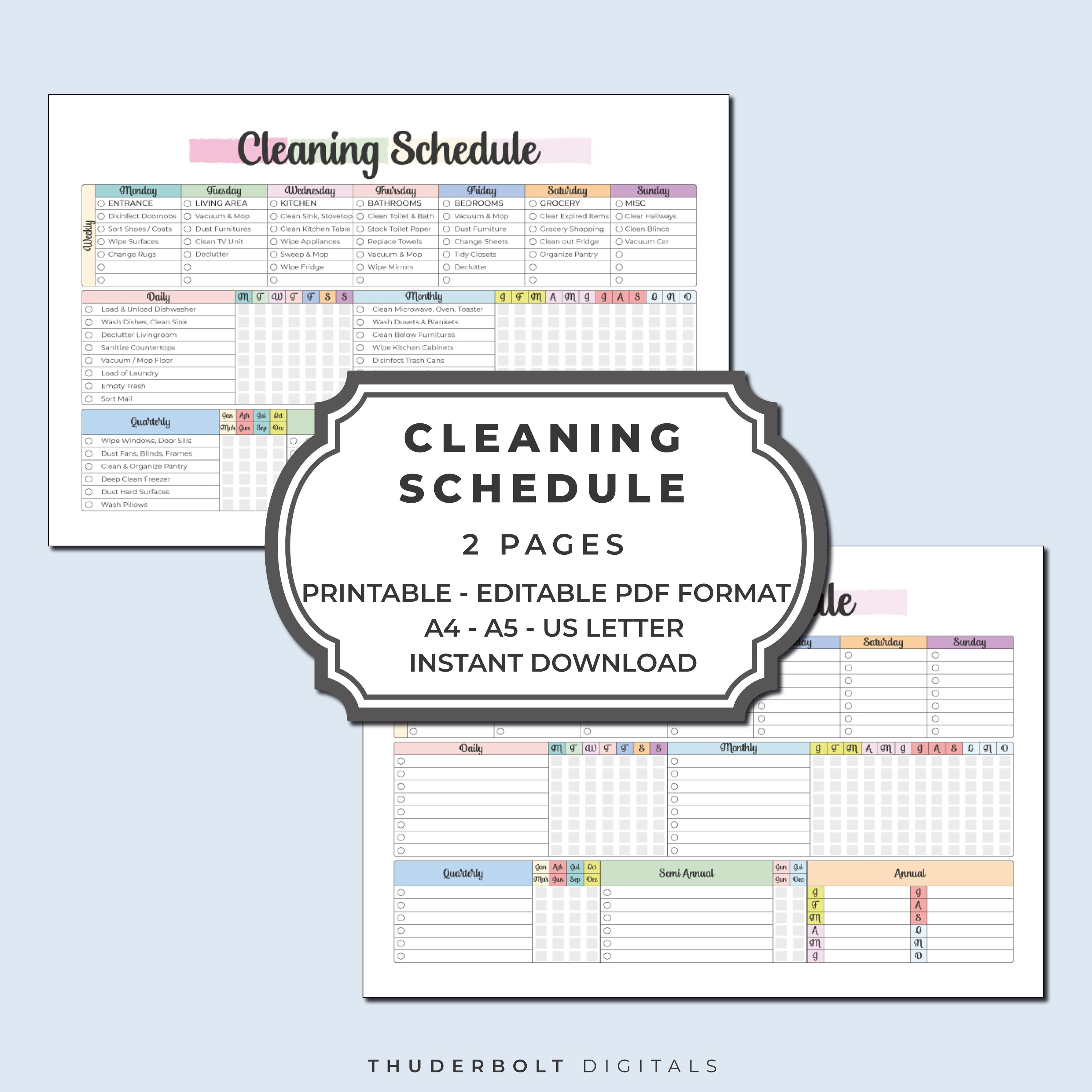 Editable Cleaning Schedule Printable Weekly, Monthly, Yearly Cleaning ...