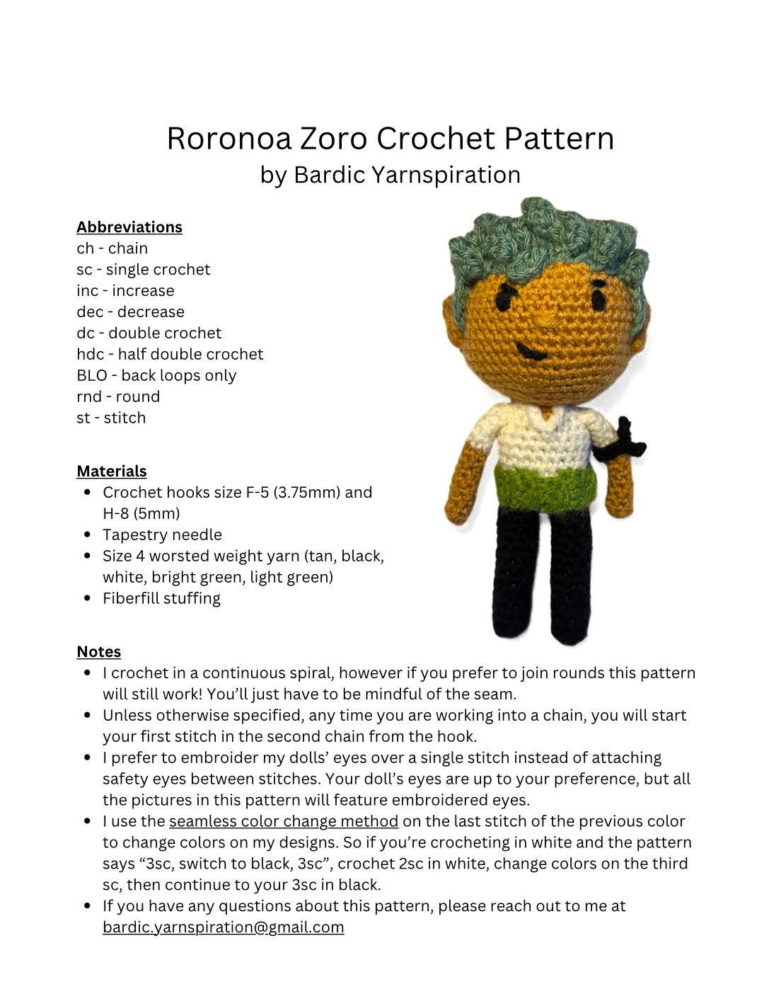 Roronoa Zoro Crochet Pattern - One Piece Amigurumi Doll Pattern - Etsy