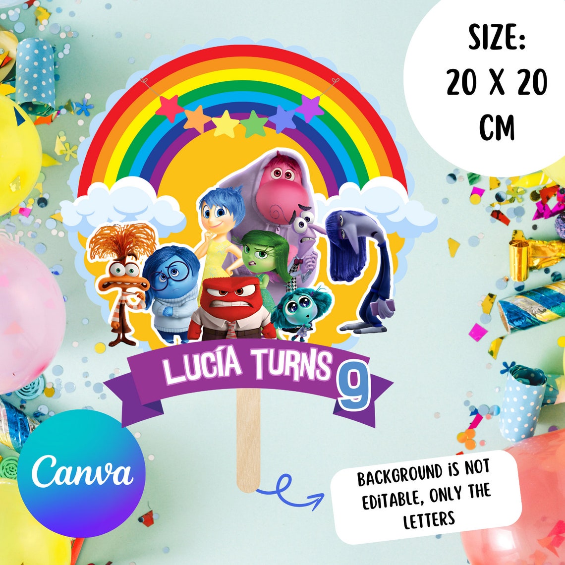 Inside Out Editable Cake Topper in Canva, Kids Emotions Cake Topper ...