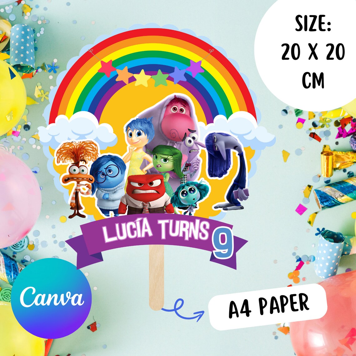 Inside Out Editable Cake Topper in Canva, Kids Emotions Cake Topper ...