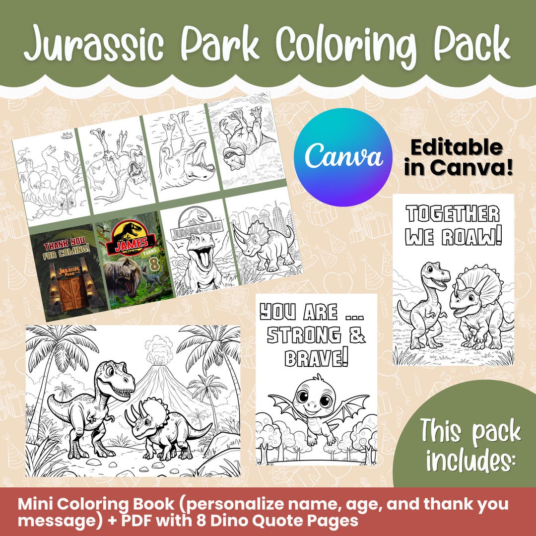 Jurassic Park Mini Coloring Book, Jurassic Park Favors, Jurassic Park ...