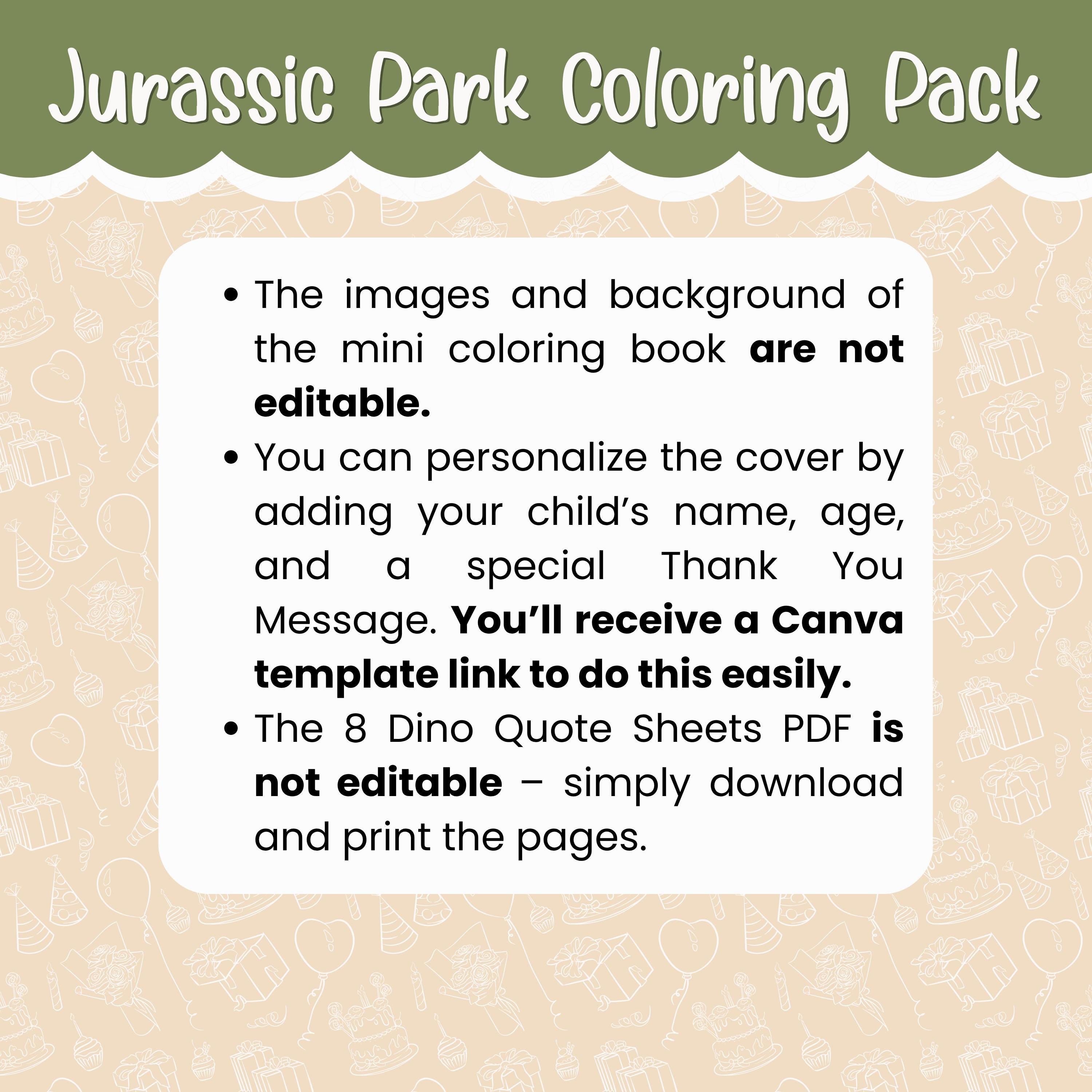 Jurassic Park Mini Coloring Book, Jurassic Park Favors, Jurassic Park ...