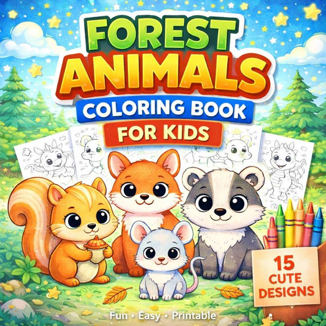 Forest Animals Coloring Book for Kids – Cute Woodland Animal Pages ...