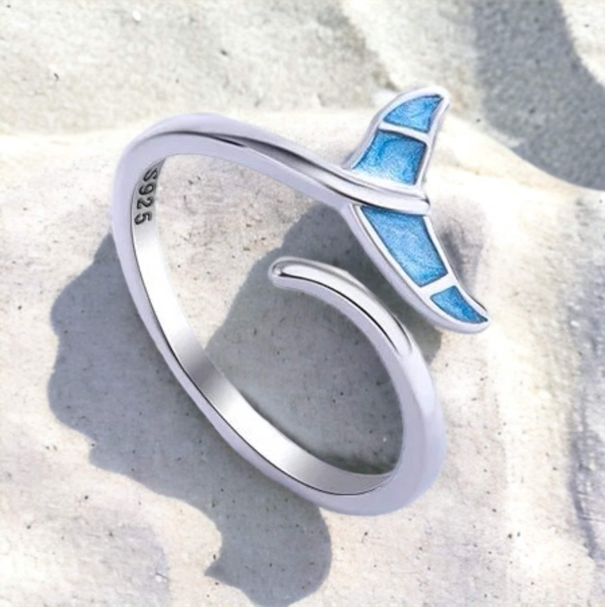 Blue & Silver Fish Tail Ring Whale Tail Wrap Around Ring Adjustable ...