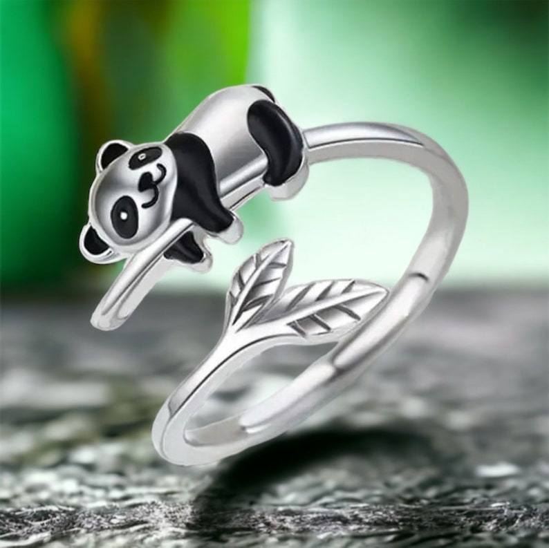 Cute Hugging Tree Panda Ring Animal Lovers Ring Silver Wrap Around Ring ...