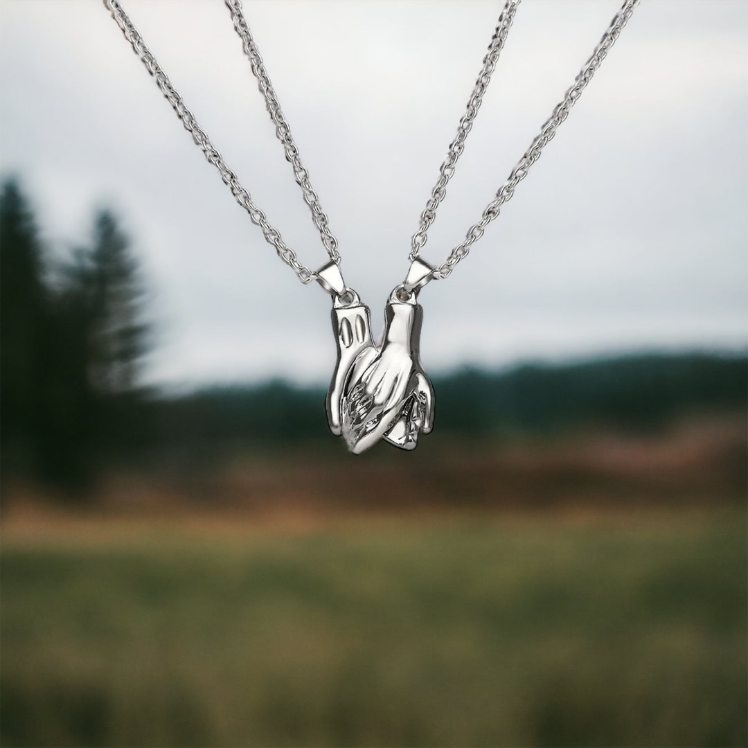 Silver Holding Hands Pendant Necklace Set Set of 2 Matching Necklaces ...
