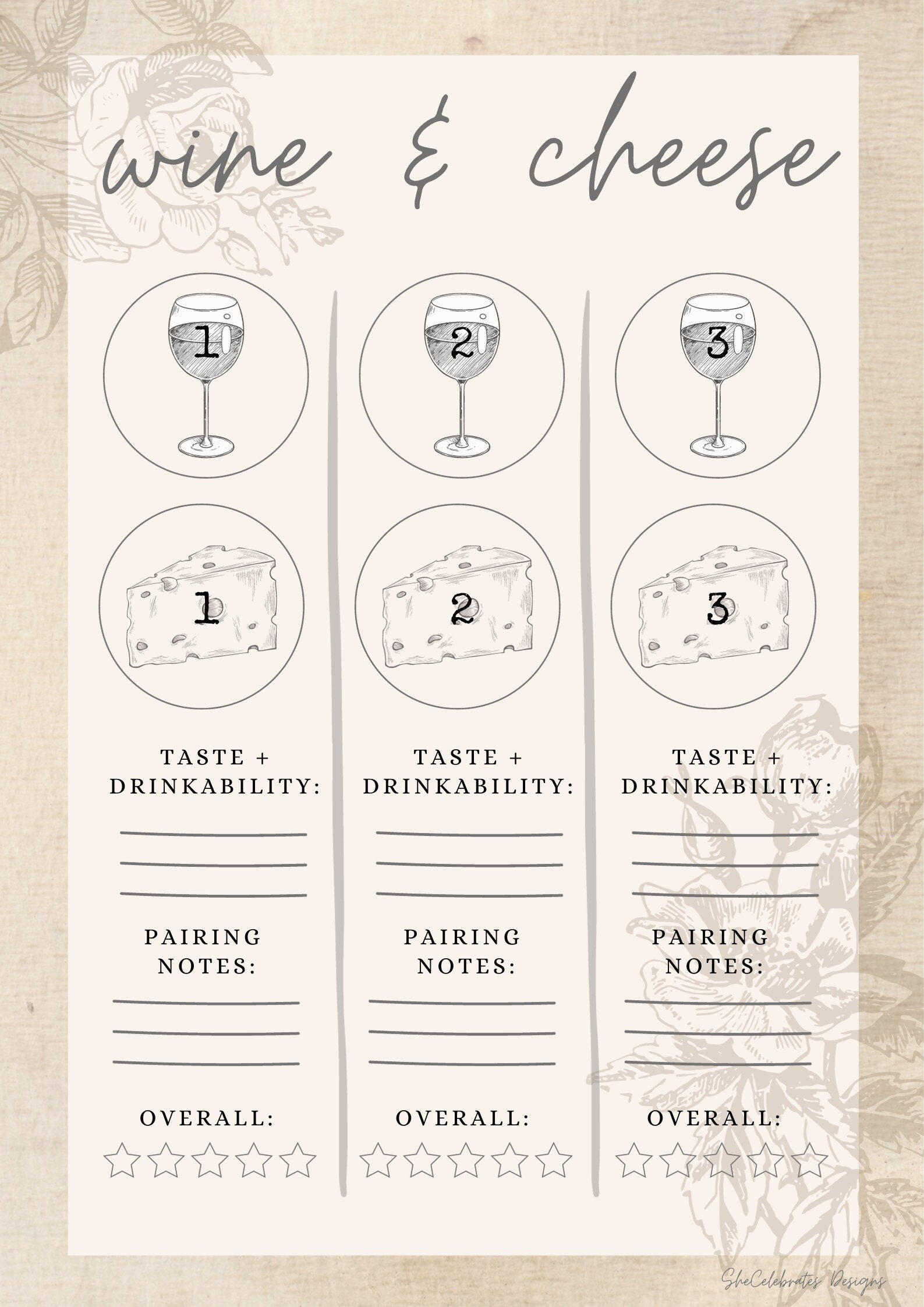 Wine & Cheese Tasting Card - Digital Download - Etsy