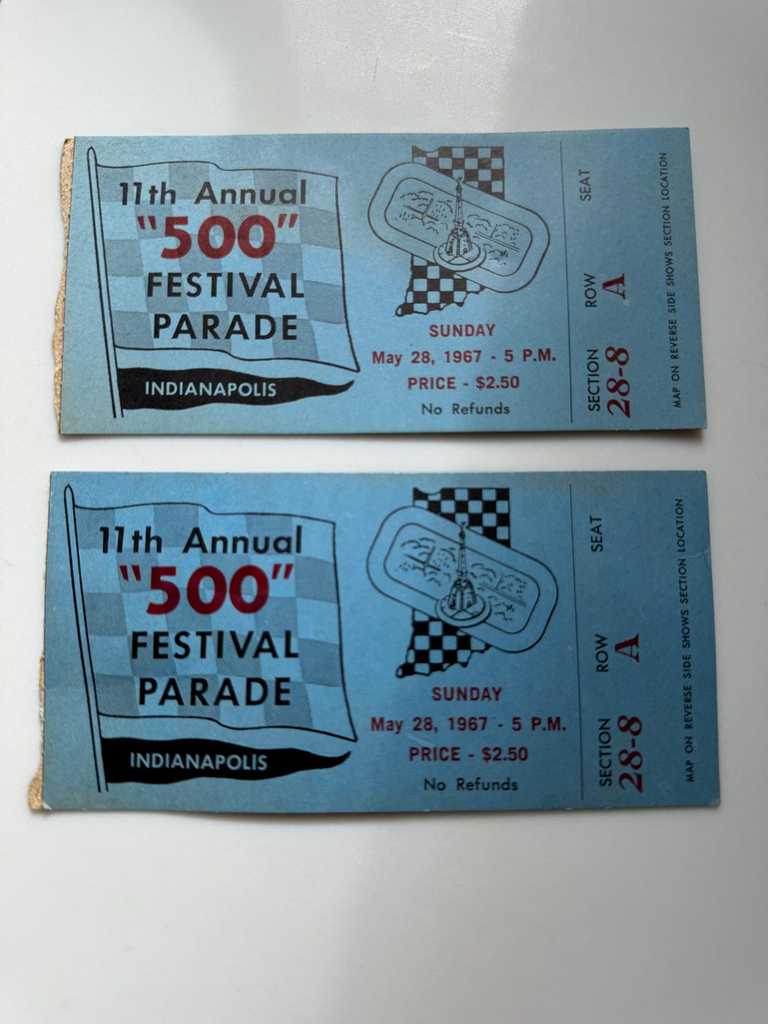 1967 Vintage 500 Festival Parade Ticket Stub, Set of 2, Indycar ...