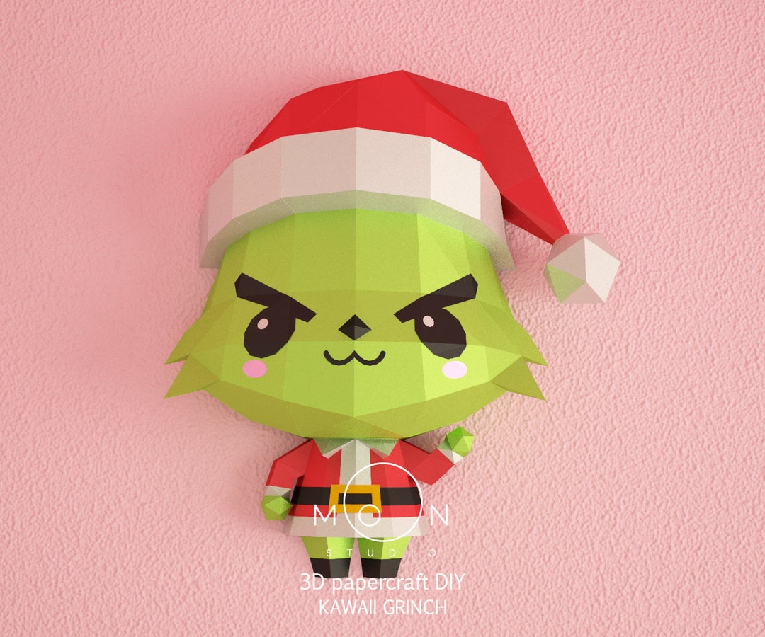 Kawaii Grinch, DIY, Papercraft, PDF, Svg, Dxf, Low Poly, 3D Model ...