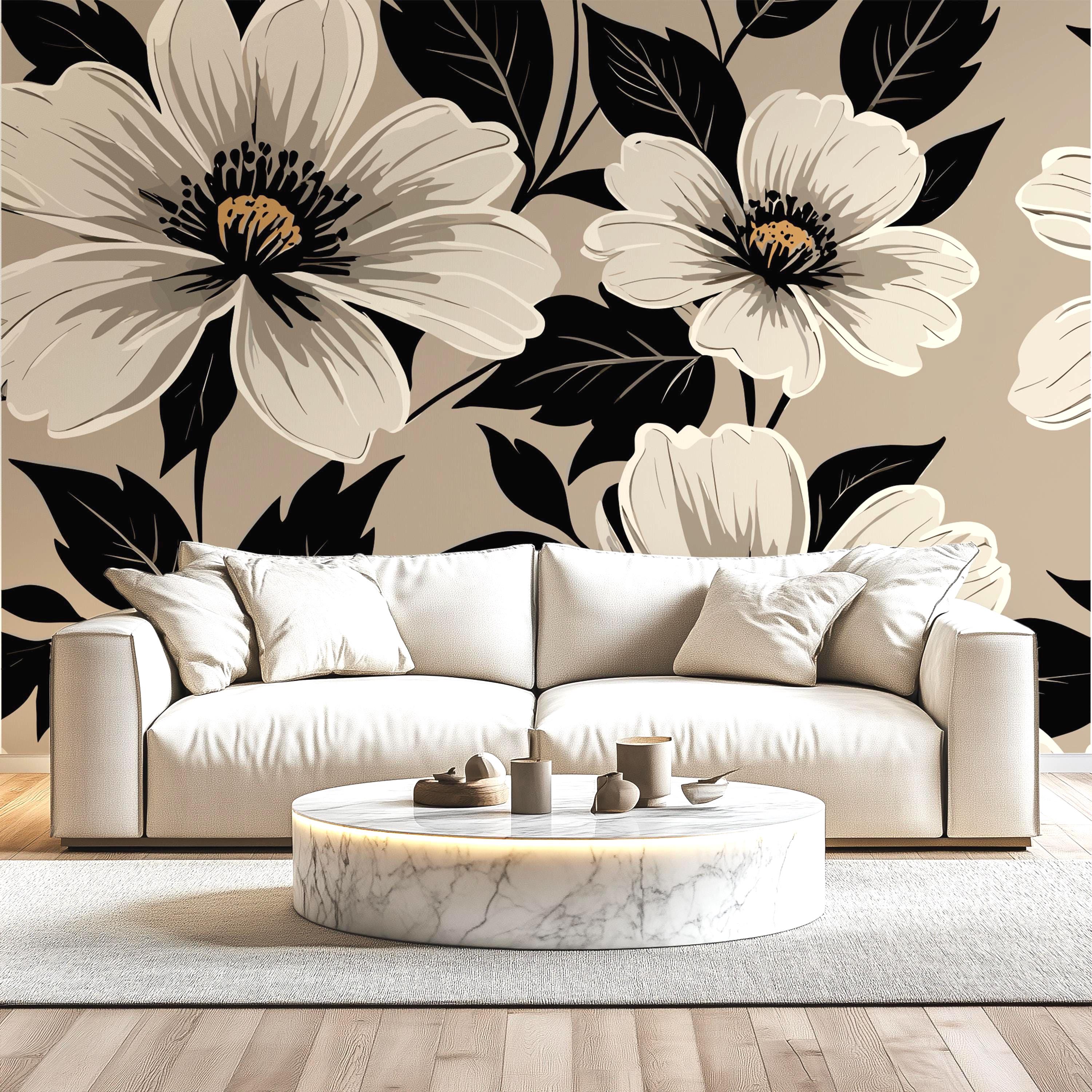Floral Wallpaper Daisy Wallpaper Large Abstract Flowers Wallpaper Peel ...