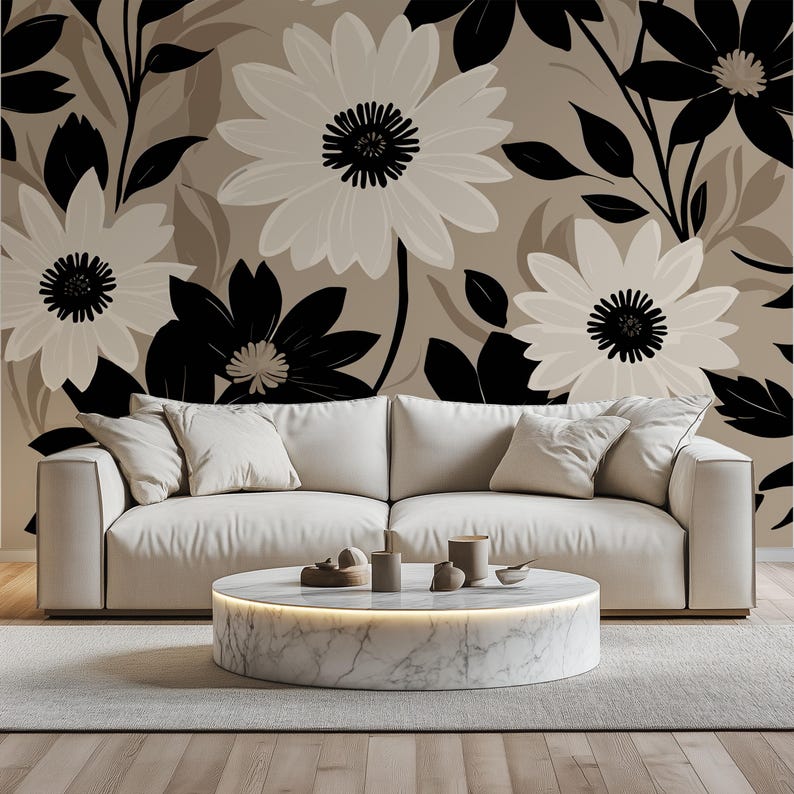Daisy Wallpaper Large Abstract Flowers Wallpaper Peel and Stick Dark ...