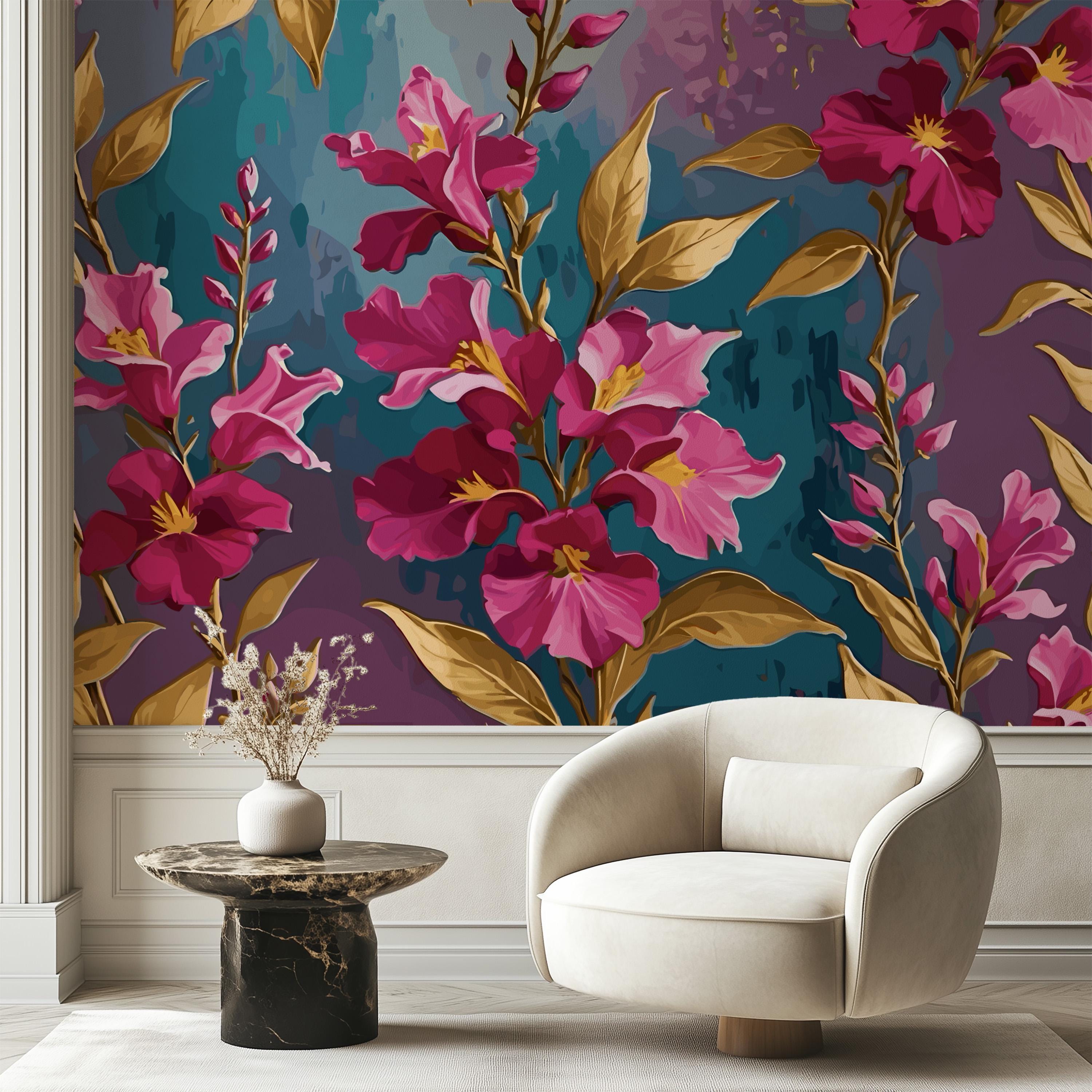 Bold Wallpaper Colorful Wallpaper Dark Botanical Wallpaper Large Floral ...