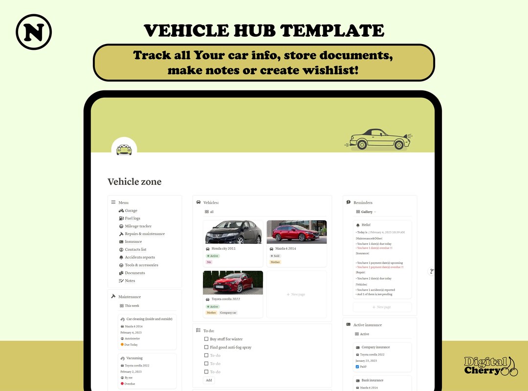 Notion Vehicle Template, Notion Garage Hub, Vehicle Management, Vehicle ...